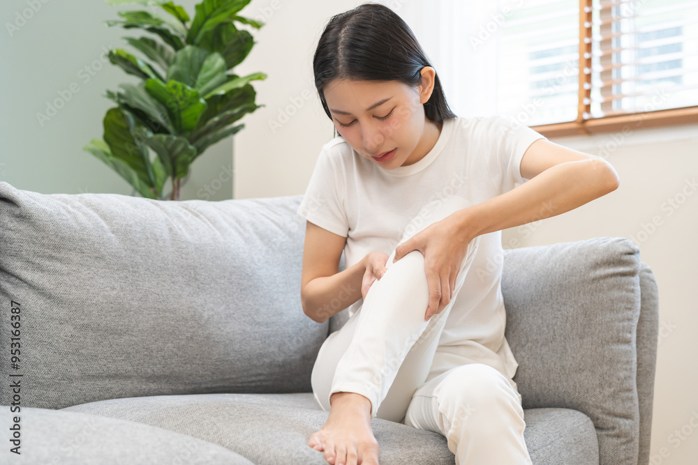 Muscle pain or leg pain, suffer asian young woman, girl hand massaging ...