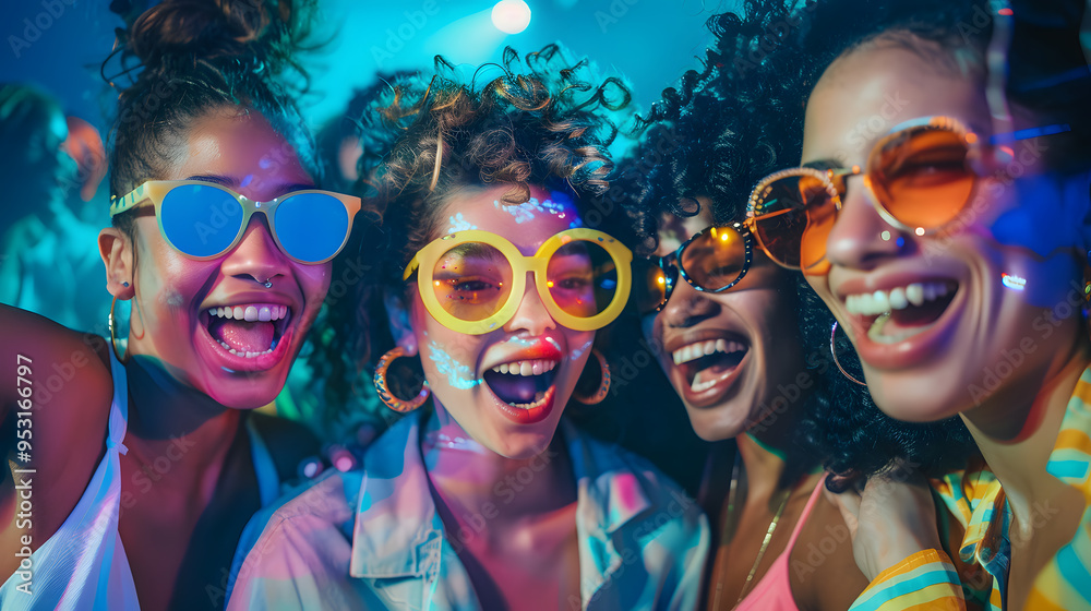Diverse group of Gen Z girls dancing with joy at a vibrant hen night ...