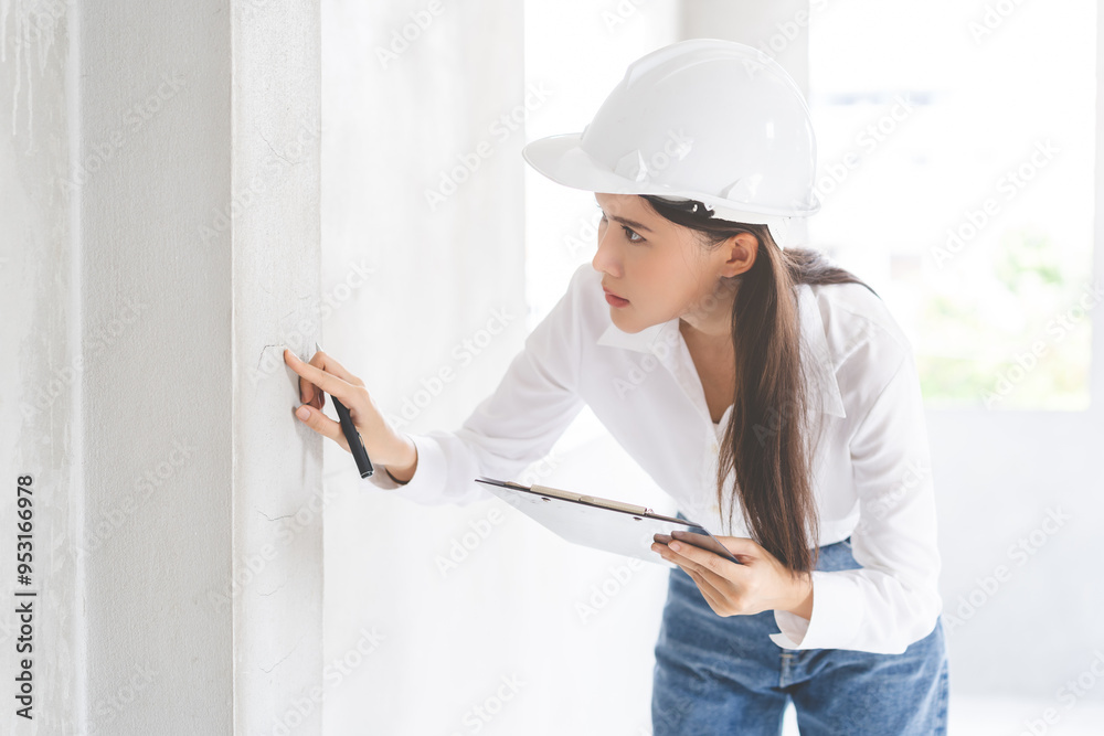 Building inspection asian contractor young woman inspecting home ...