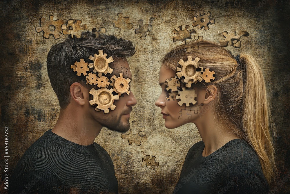 Steampunk inspired digital artwork of two people with gear filled ...