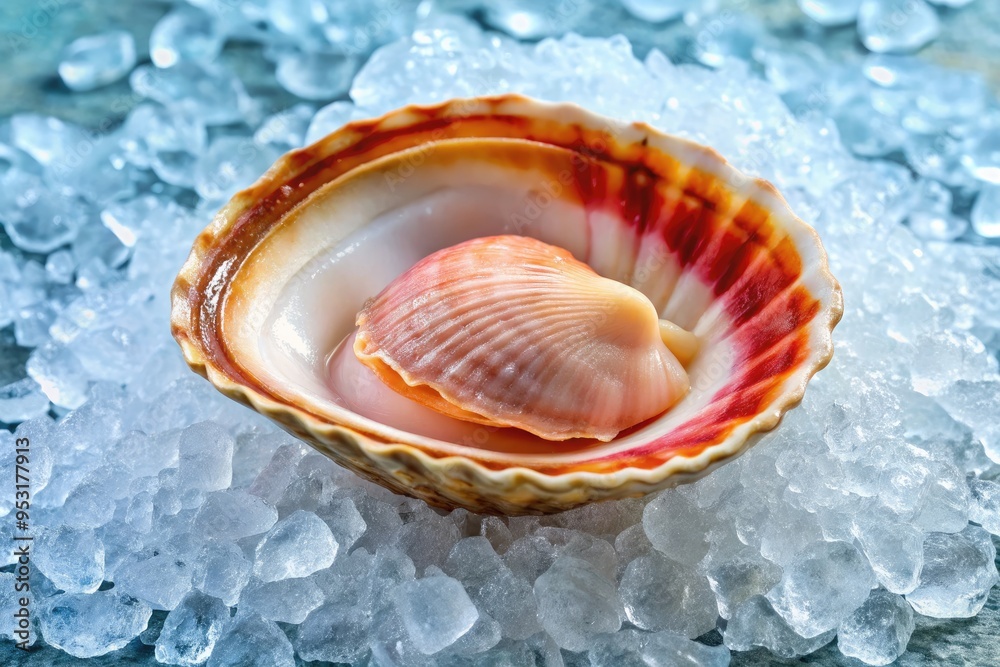 Freshly shucked clamshell on a bed of crushed ice, showcasing tender ...