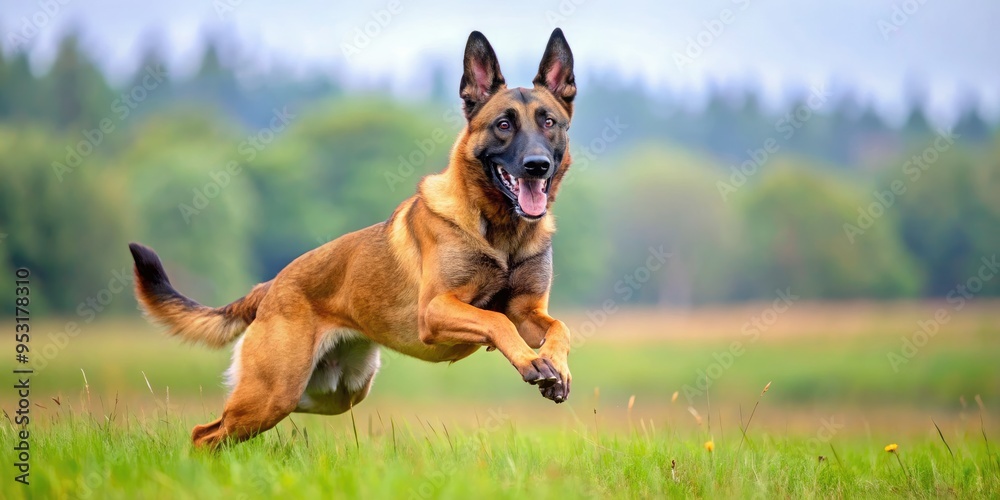 High-energy Belgian Malinois dog in action, running through a field ...