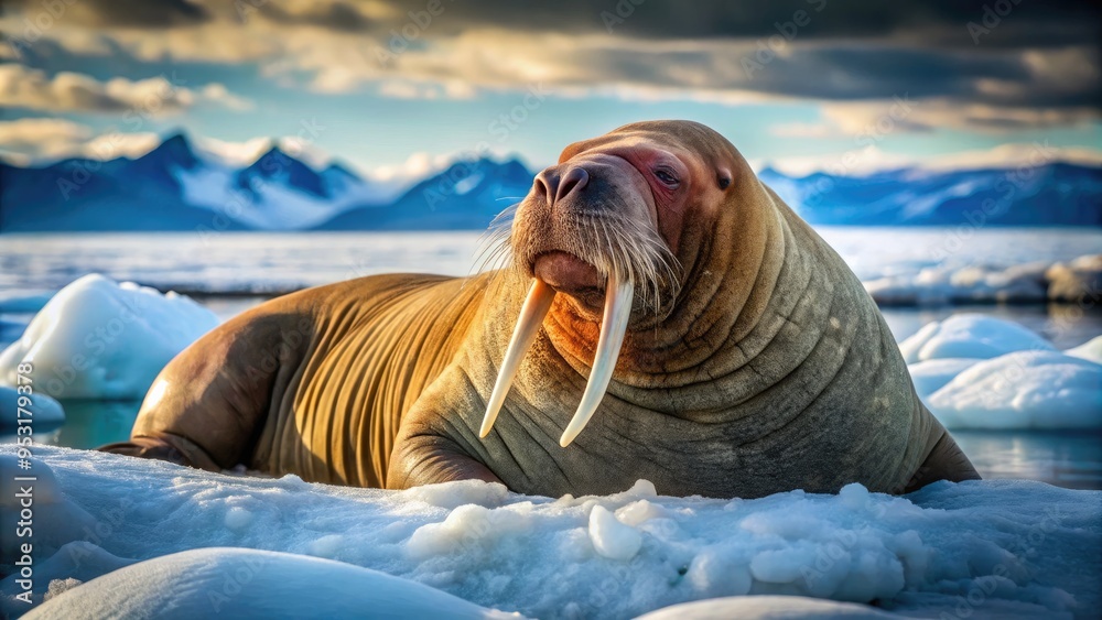 Magnificent walrus with long tusks and wrinkled skin lies on Arctic ice ...