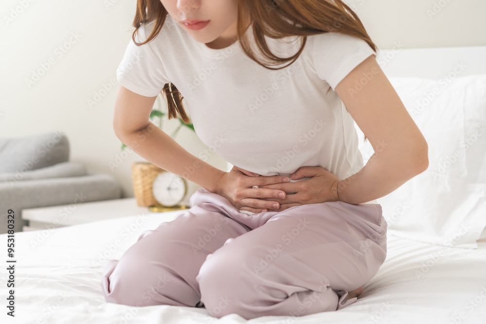 Flatulence ulcer, asian young woman, girl hands in belly, stomach pain ...