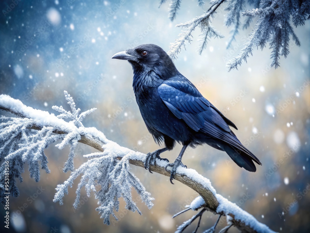 Majestic white-necked raven perches on frosty branch, snowflakes gently ...