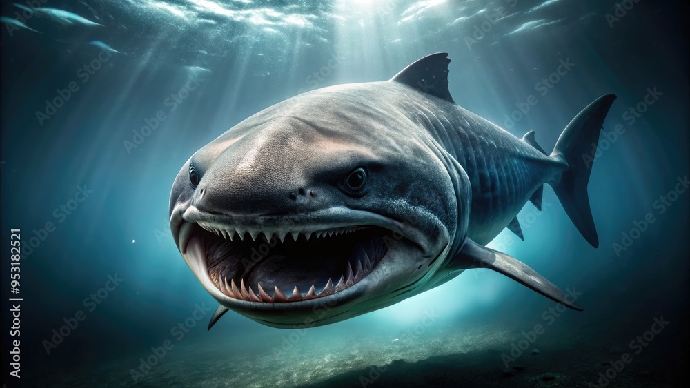 Rare, deep-sea dweller megamouth shark swims through dark, misty waters ...