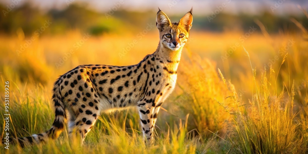 Tall, slender serval cat with striking black spots and tufted ears ...