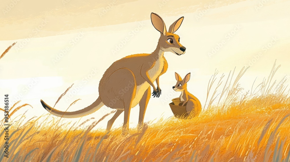 A playful cartoon kangaroo hopping through the outback, with a joey ...
