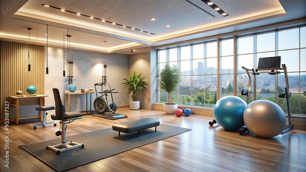 A serene physical therapy studio with modern equipment, dim lighting ...
