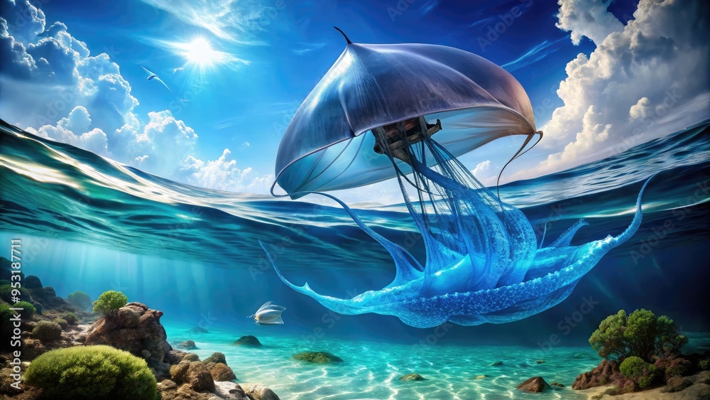 Vibrant blue waters spotlight a translucent, venomous marine creature ...