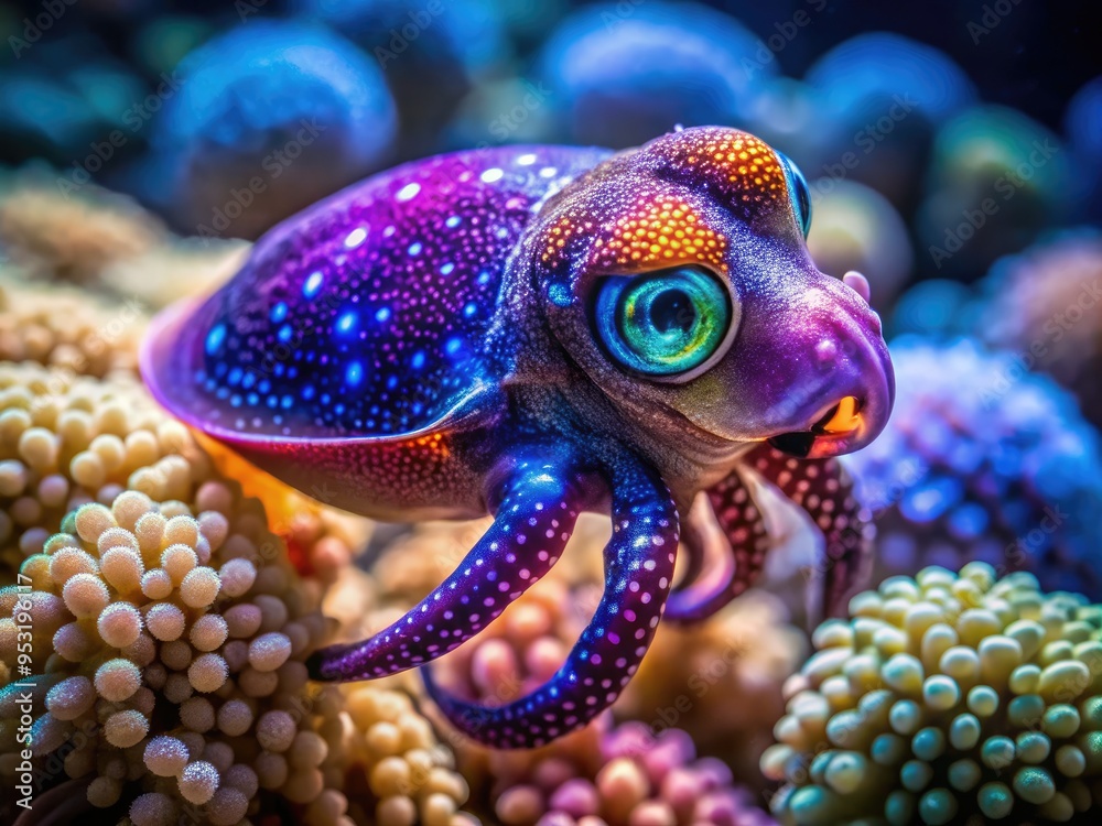 Vibrant purple bobtail squid swims amidst coral reef, its iridescent ...