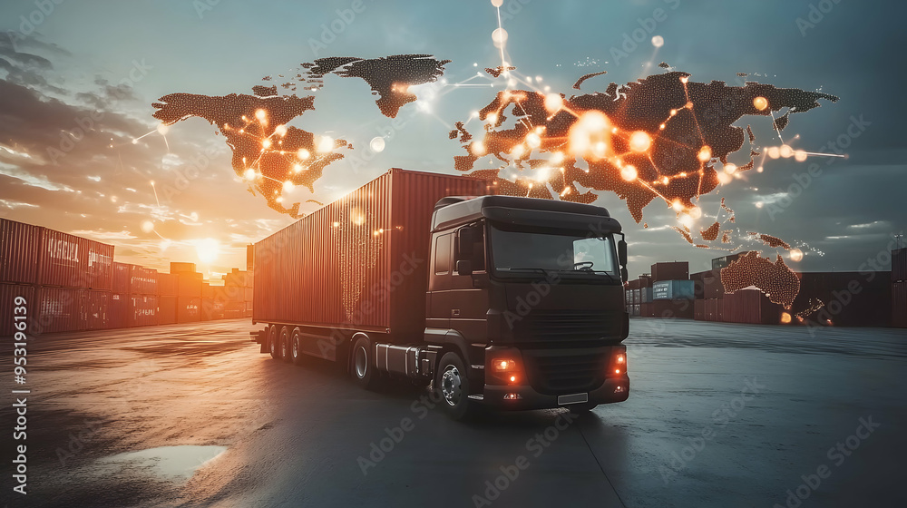 Business Logistics concept, Global network coverage world map,Truck ...