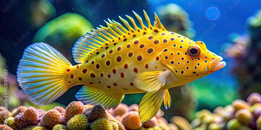 Vibrant yellow Spotted Handfish with distinctive spots and hand-like ...