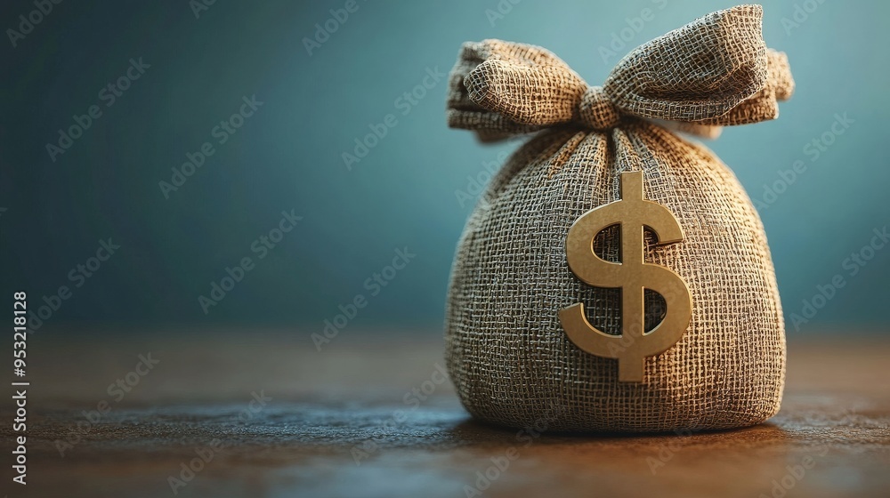 Money Bag on Wooden Table: A golden dollar sign adorns a burlap money ...