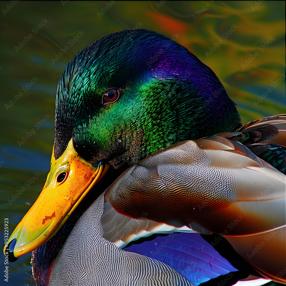 Colorful male mallard duck is floating peacefully, showcasing its ...