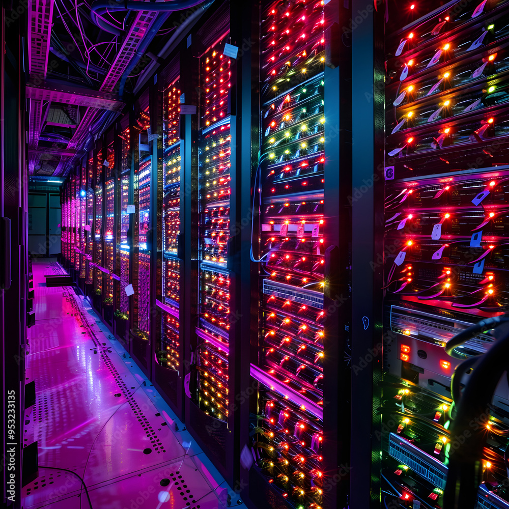Modern data center with rows of server racks and flashing led lights, indicating network ...