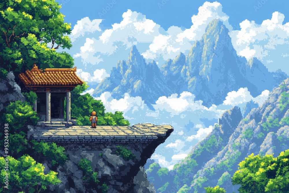 Pixelated Adventure - Retro 8-Bit Character Climbing Mountains in Pixel ...