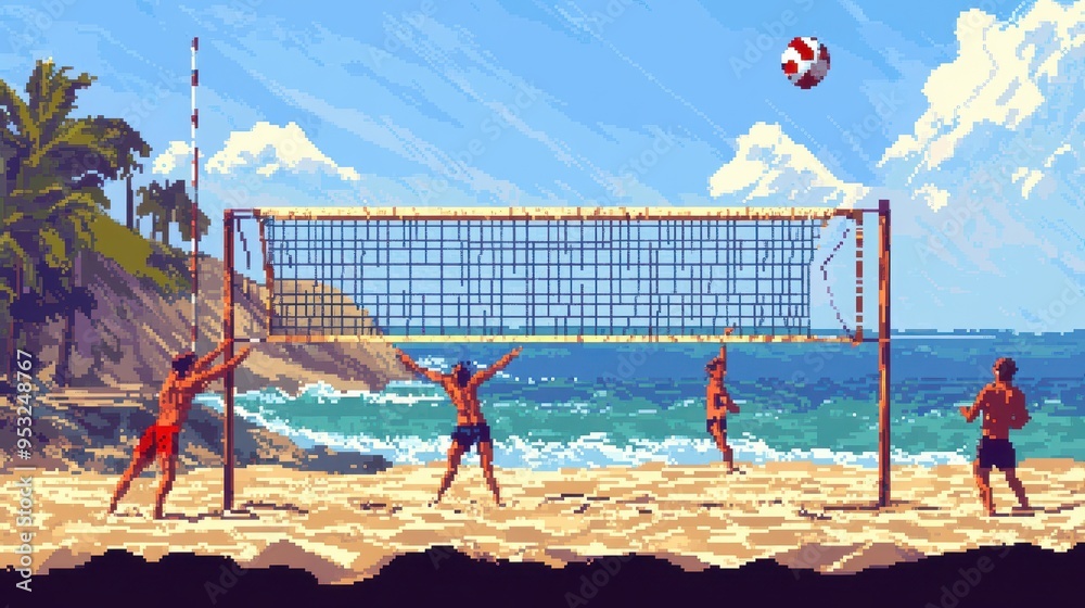 Summer Pixel Play: Retro Beach Volleyball Match in 8-Bit Nostalgia ...