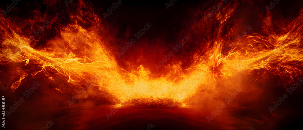 Dramatic fire and smoke effect glowing red and yellow colors exploding ...