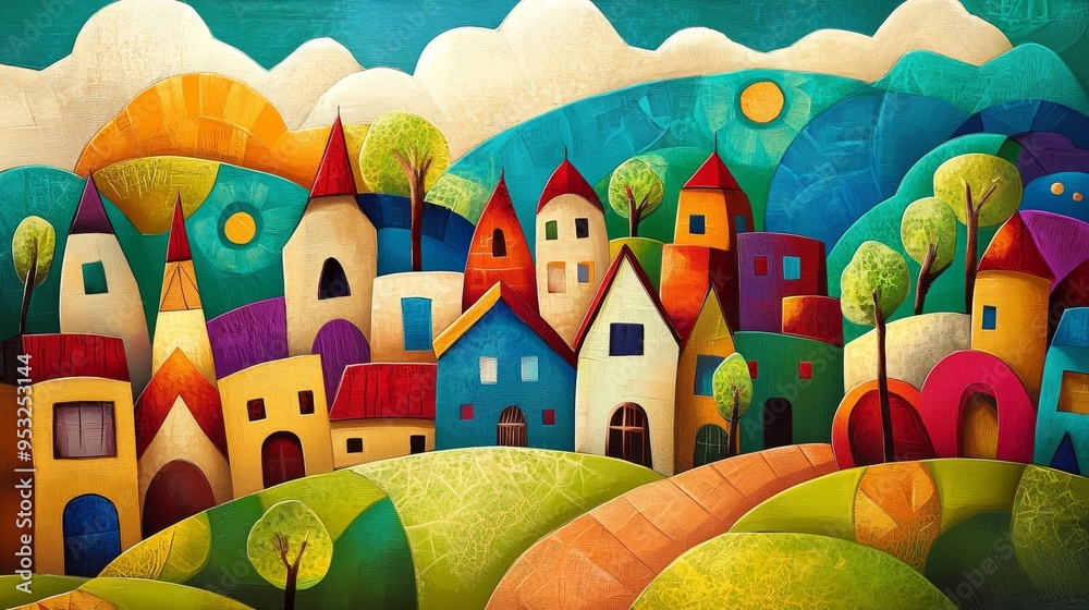 Whimsical UHD Abstract Cubism Folk Art Village Interpretation Stock ...