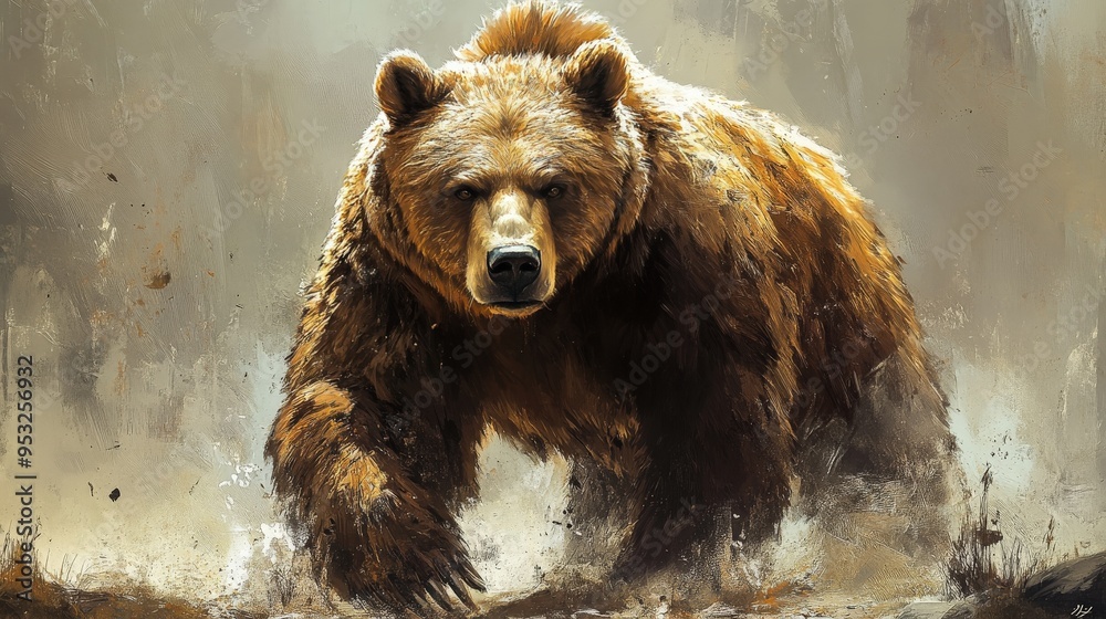 Grizzly Bear in the Mist: A majestic brown bear stands tall in a misty ...