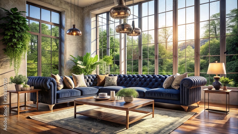 Luxurious afternoon sunlight pours through floor-to-ceiling windows ...