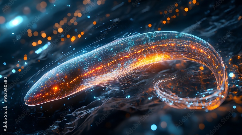 digital eel rendered in a holographic abstract interface style, with ...