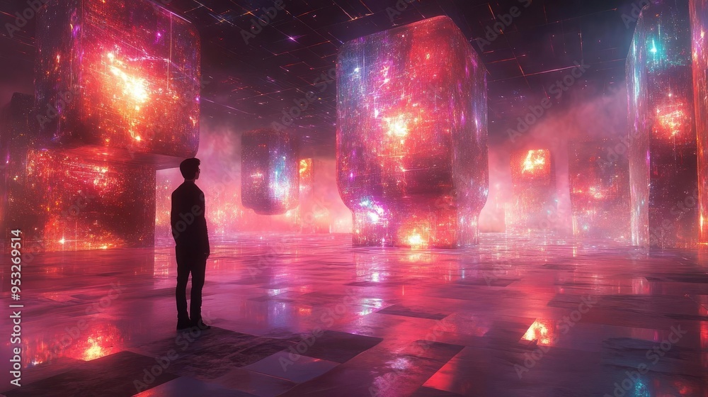 Futuristic art installation, with floating neon sculptures and digital ...