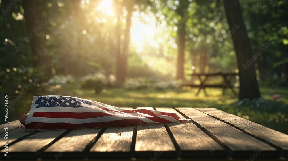 American Summer Sunrise: Folded US flag on a rustic wooden table in a ...