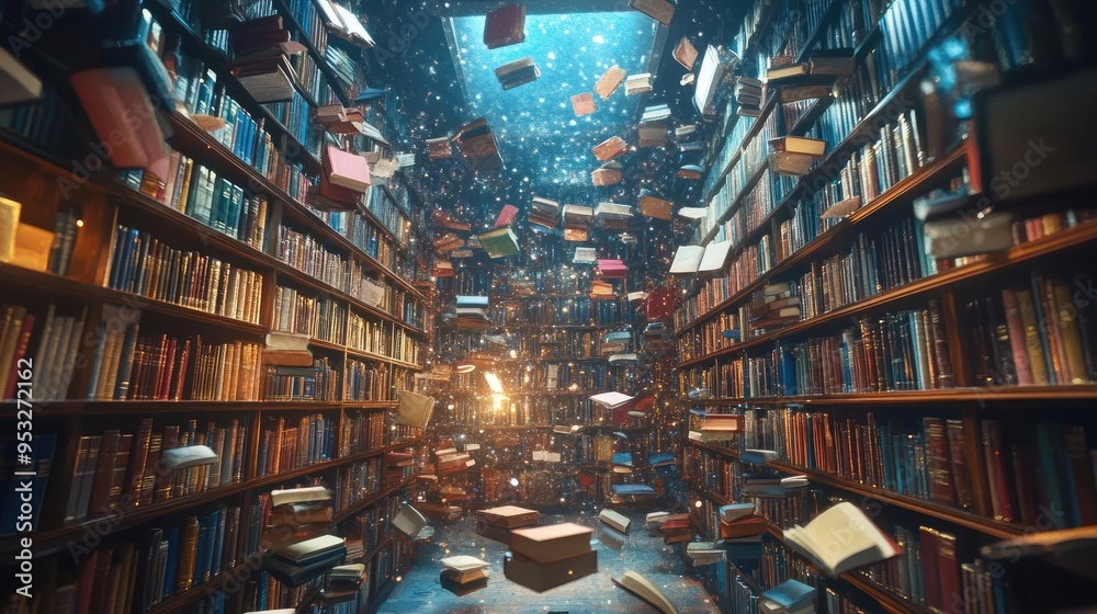 Multiverse library, shelves filled with floating books from different ...