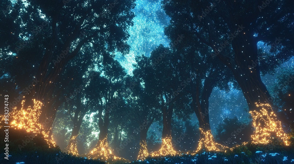 The image depicts an enchanting forest at night. Tall trees with dense ...