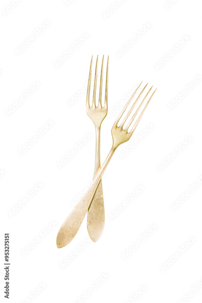 Two isolated elegant vintage forks crossed on transparent background ...