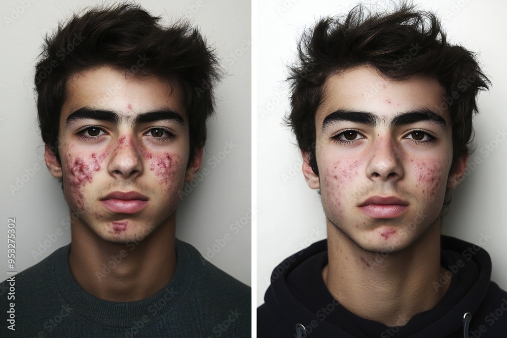 Teenage boy before and after acne treatment, side-by-side comparison ...