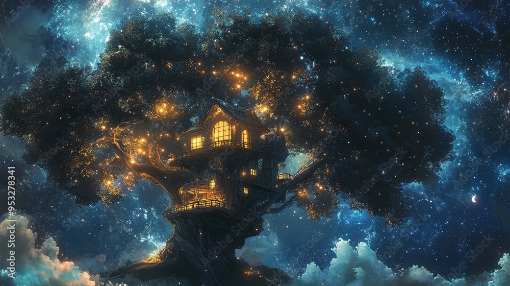 An enchanting treehouse is nestled among the branches of a gigantic ...