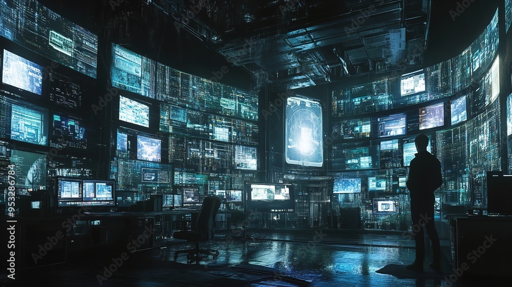 A dimly lit, high-tech control room filled with numerous computer ...