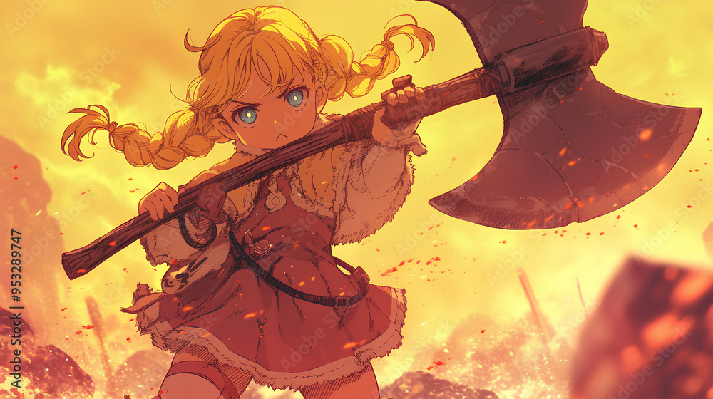 yellow haired girl with big axe in action pose, an anime style ...