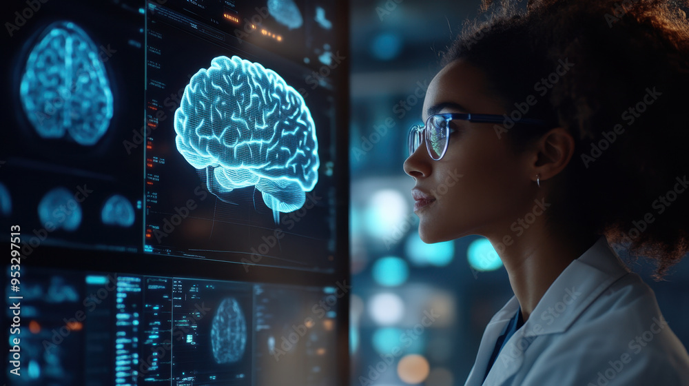 Brain Scan Analysis, A medical professional reviews a brain scan ...