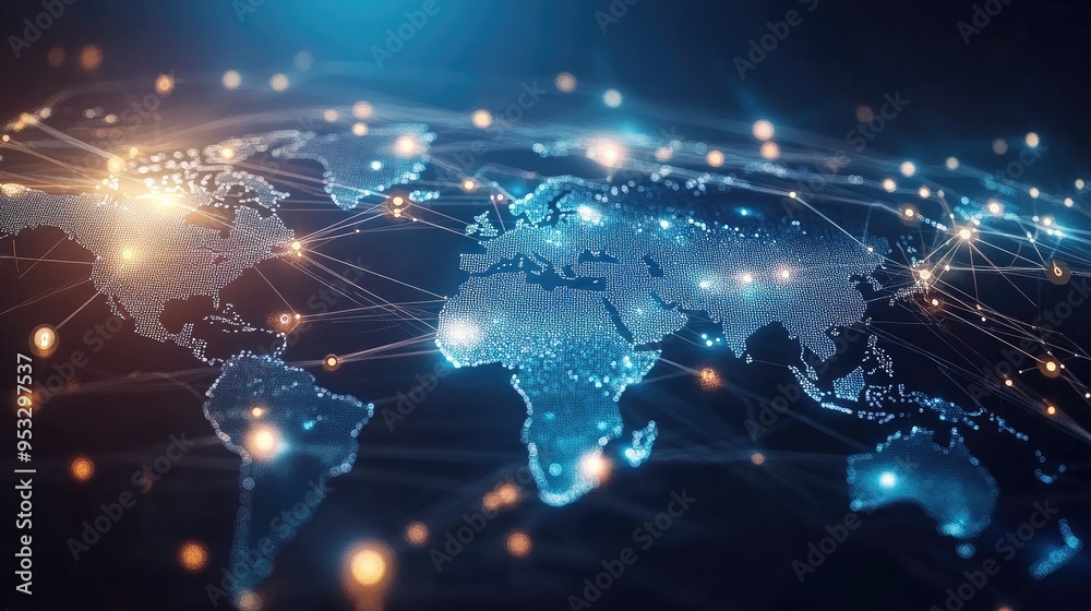 A digital global network background featuring a world map and luminous ...