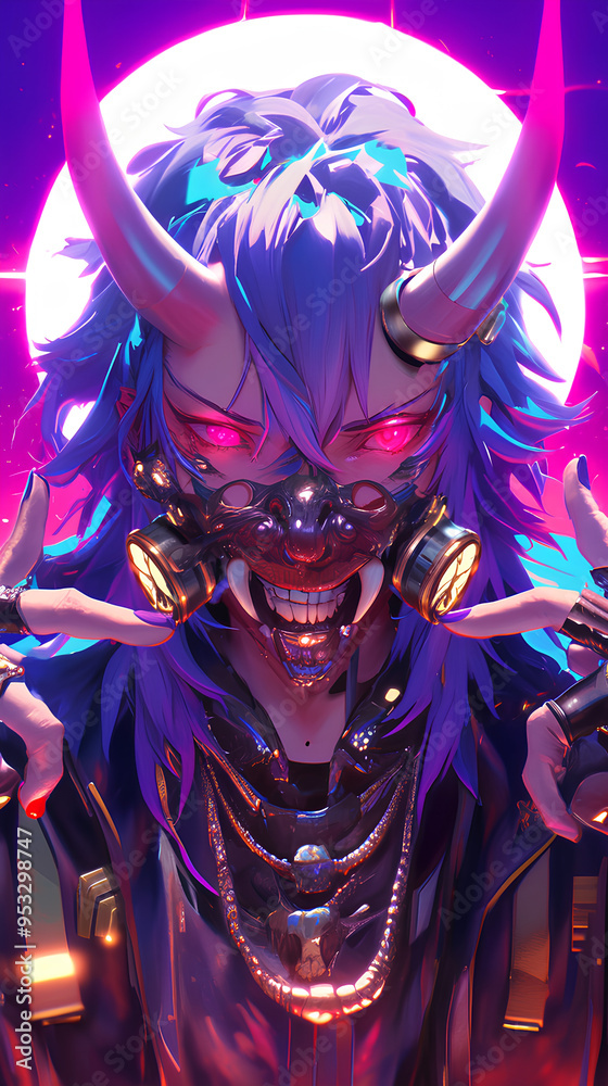 Oni mask sign pose cyberpunk anime boy head design, profile view with ...
