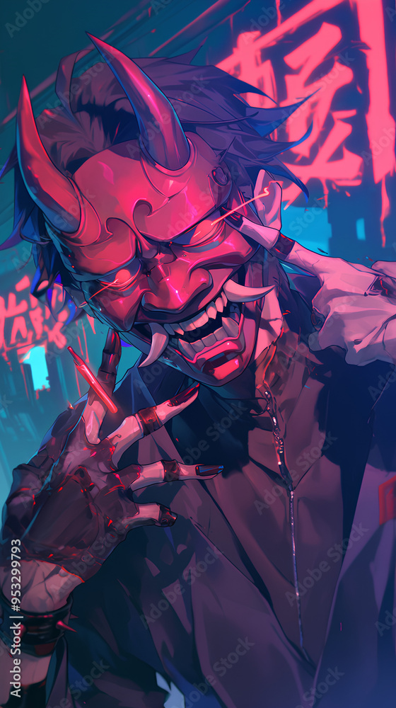 Oni mask sign pose cyberpunk anime boy head design, profile view with ...