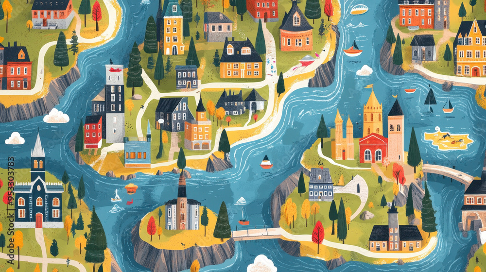 Illustrated Travel Map, A colorful illustrated map featuring marked ...