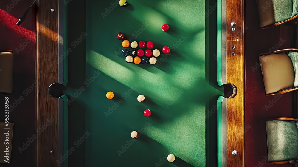 An overhead shot of a snooker table with a challenging setup, showing ...