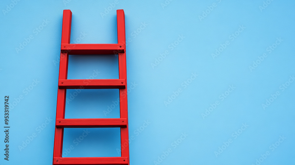 This image features a red ladder set against a blue background ...