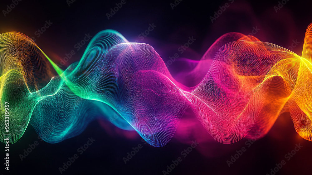 The abstract background of rainbow-colored thin wavy wires offers a ...