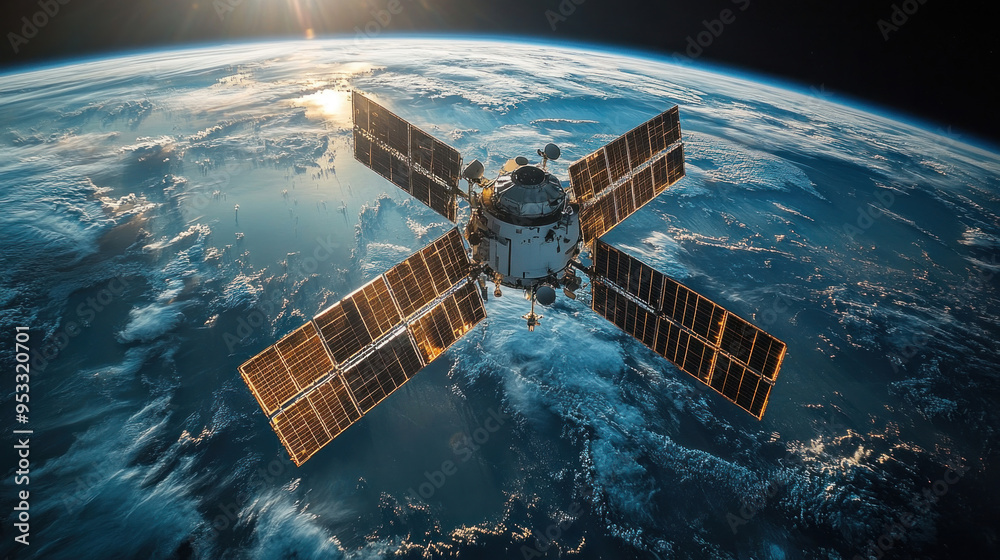 A military satellite transmitting data to a ground station ...