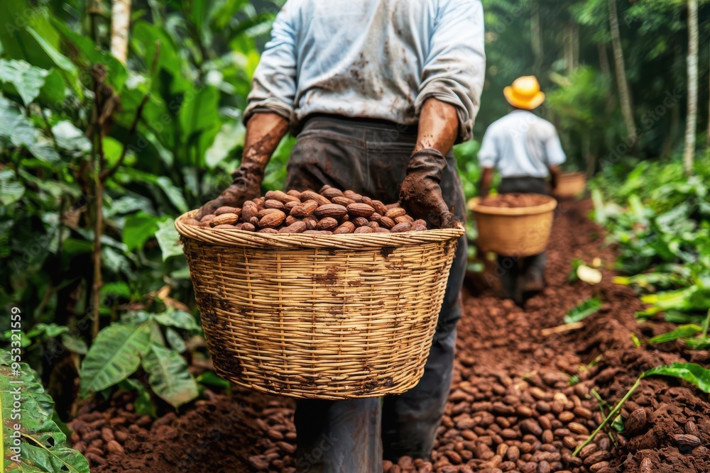 Workers gathering cocoa pods into baskets during the harvesting season ...