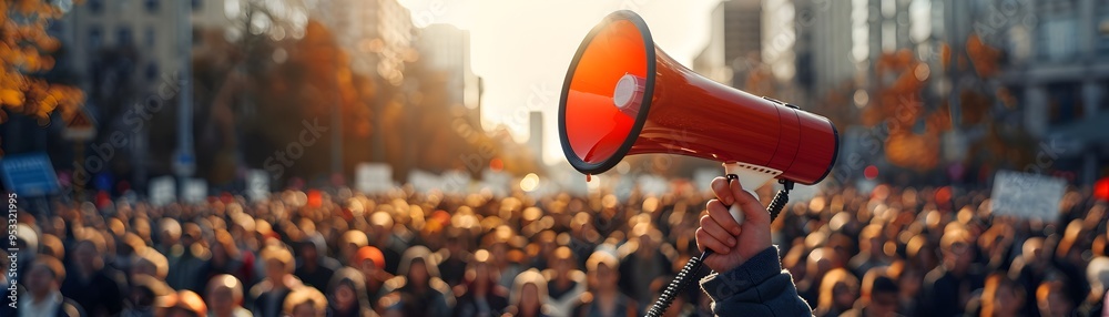 Political Activist Speaking Through Megaphone at Peaceful Protest with ...