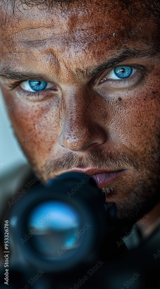 A close-up shot of the soldier's face, focusing on his determined ...