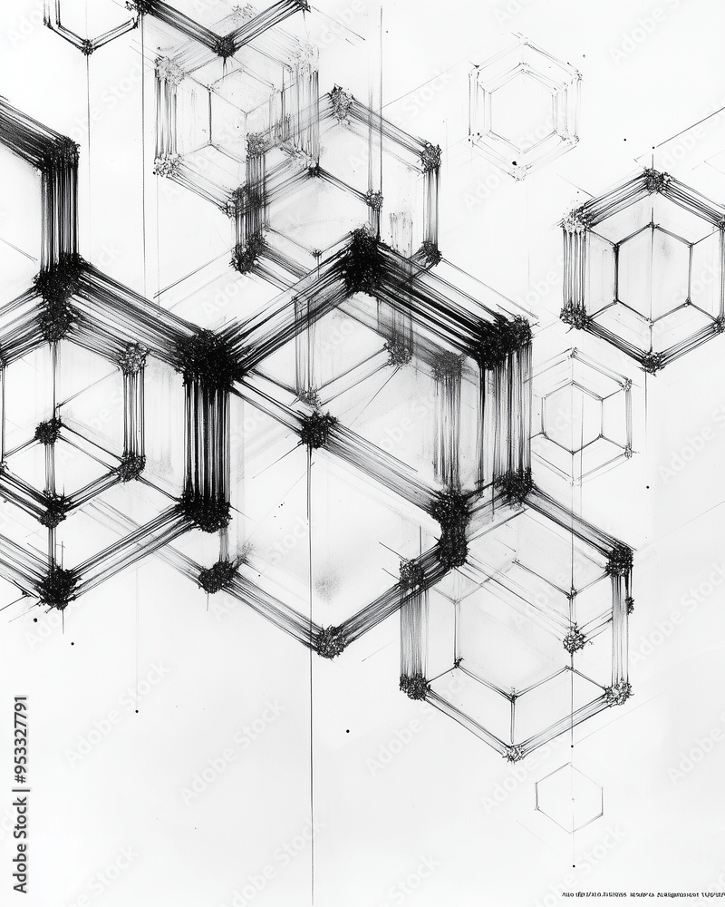 An architectural drawing of hexagonal structures, each connected by ...