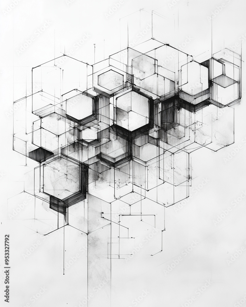 An architectural drawing of hexagonal structures, each connected by ...